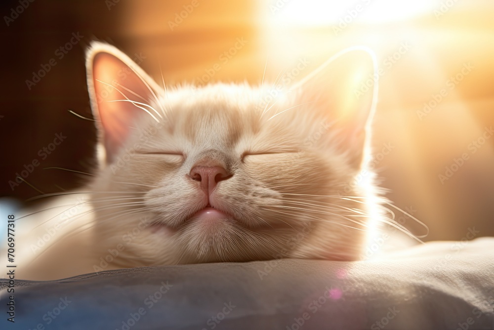 The muzzle of a sleeping cat in the rays of the sun. A resting cat is ...