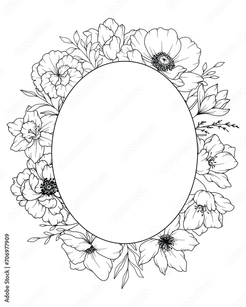 Spring Flowers Line Drawing. Black and white Floral Frames. Floral Line ...