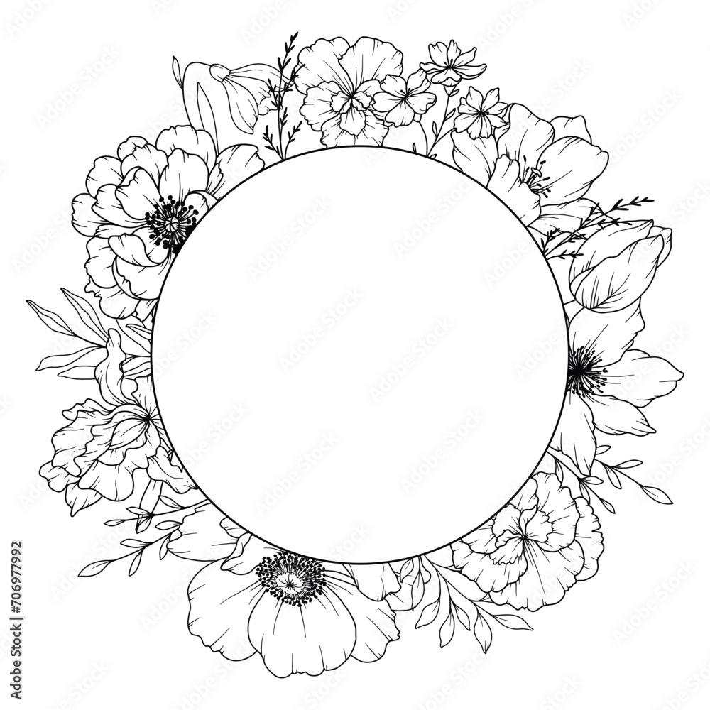 Spring Flowers Line Drawing. Black and white Floral Frames. Floral Line ...