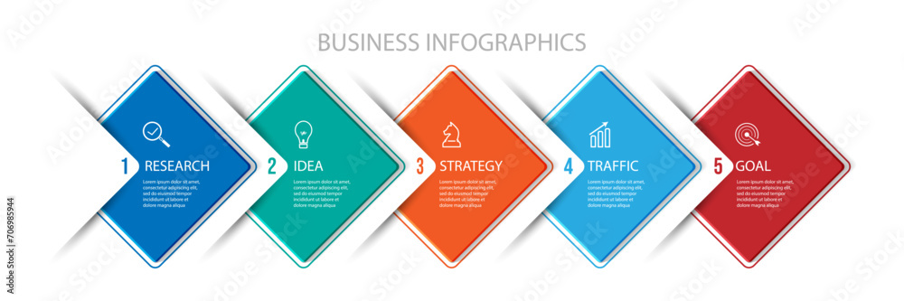 business infographic 5 parts or steps, there are icons, text, numbers ...