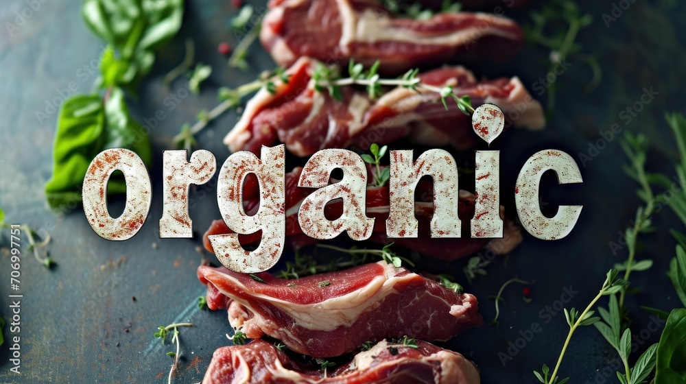 the word "organic" crafted in a sandy texture atop various cuts of raw ...