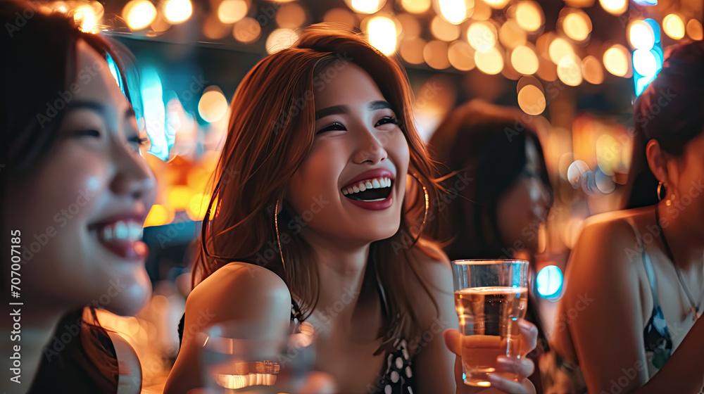 Asian beautiful women having fun, meeting each other in a bar ...