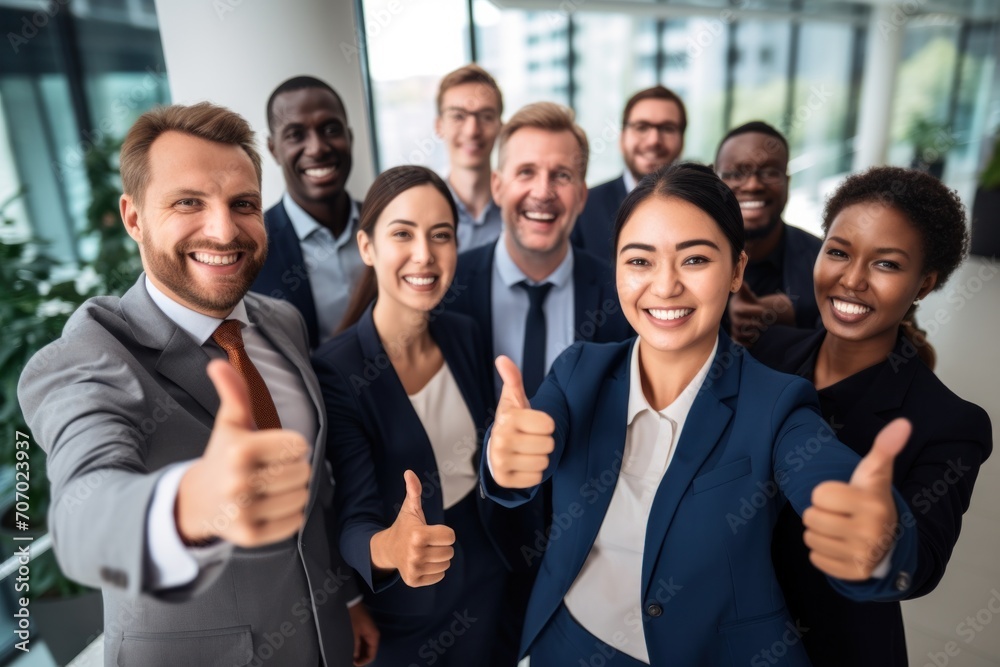 Very happy employees give a thumbs up recommending the company's good ...