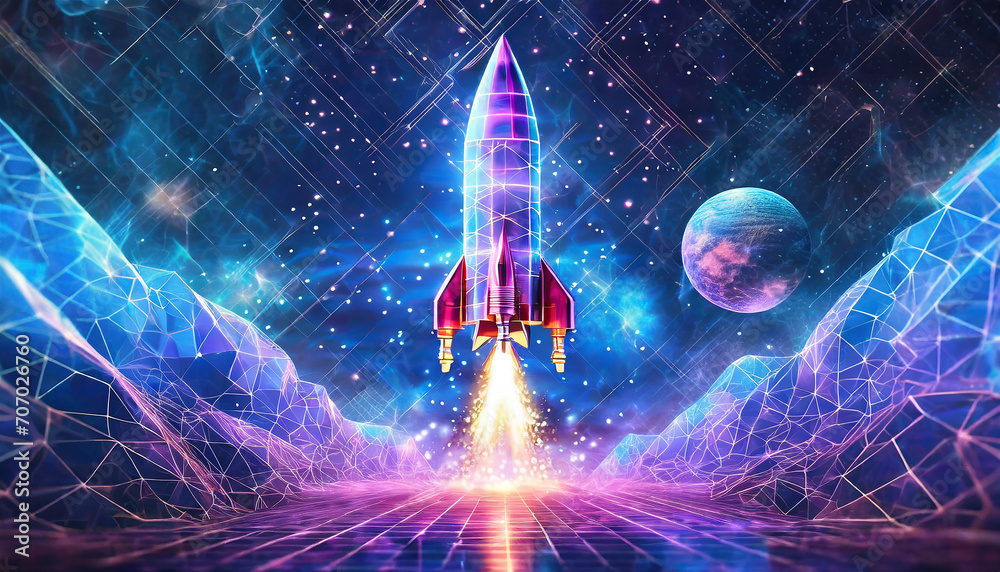 Abstract Rocket Launch. Digital Spaceship Flying Up Into Outer Space ...