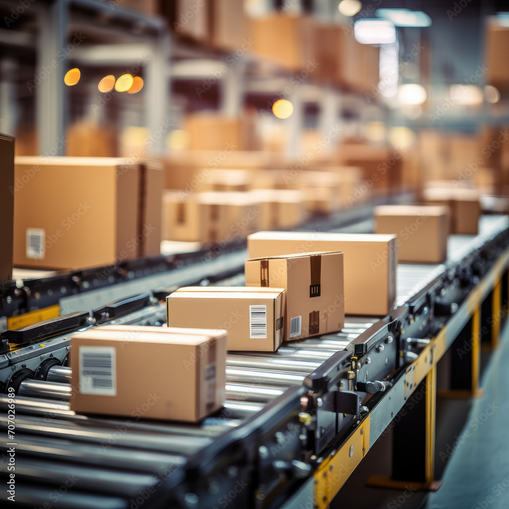 In a dynamic warehouse setting, numerous cardboard packages smoothly ...