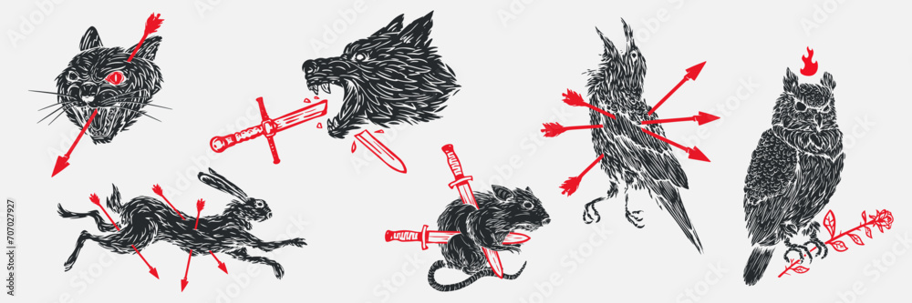 Hand drawn illustration animals and birds with red elements isolated ...