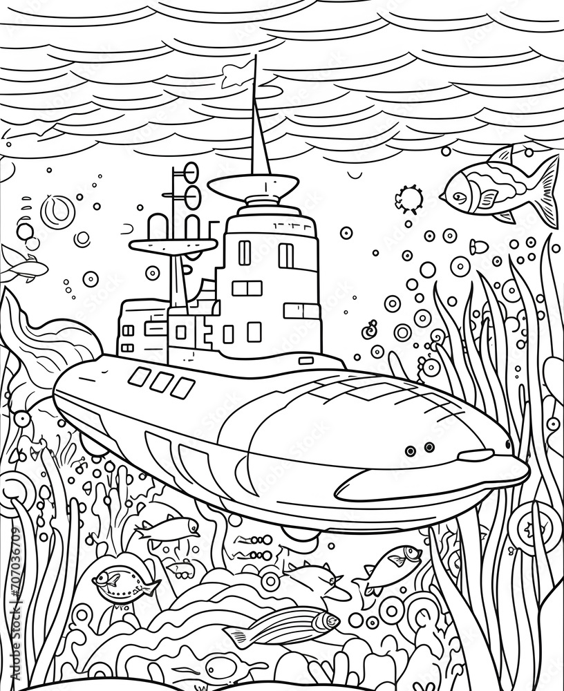 cute u.s submarine under the sea, kid coloring book, under the ocean ...