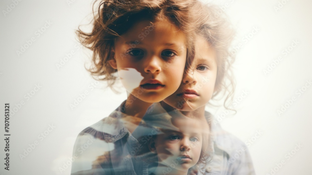 Conceptual Portrait of Child with Overlapping Faces multiple exposure ...