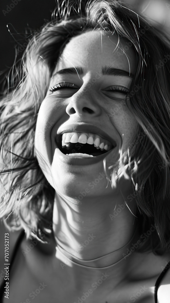 Joyful Moments: A Happy Female Model Posing and Laughing in a Black and ...
