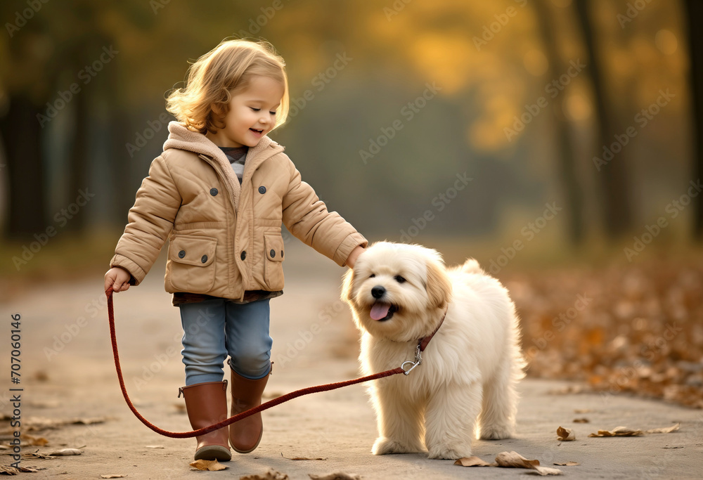 Little girl walking a dog in an urban park Stock Photo | Adobe Stock