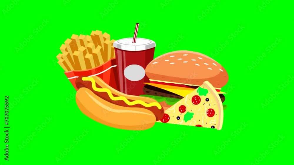 Fast food pizza, burger, potato fried, hot dog, soda animation, green ...