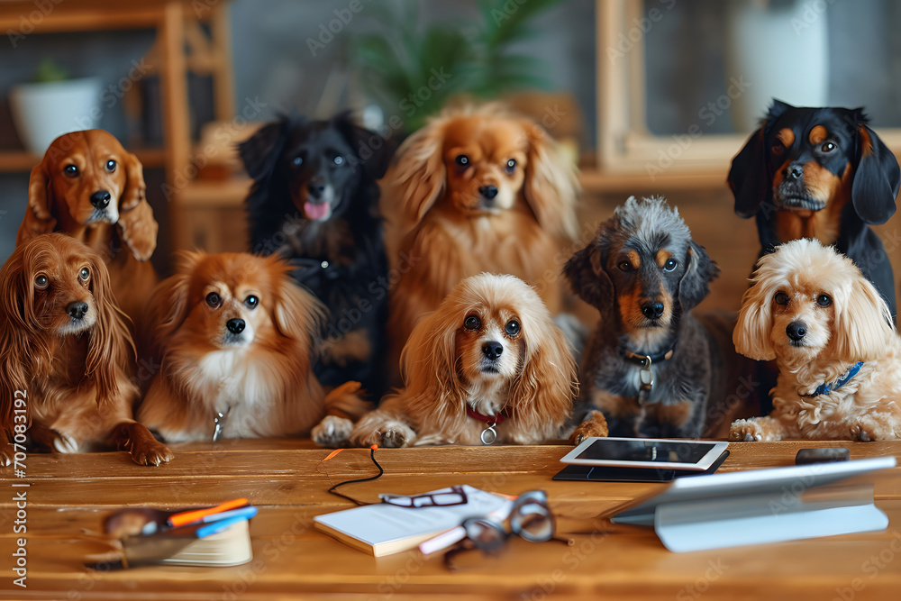 Funny dogs with teamwork meeting. Business dogs in office workplace ...