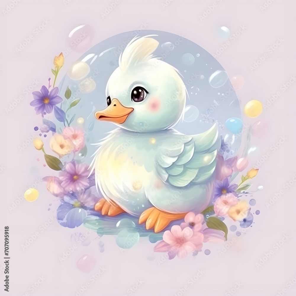 stiker patito bebe, colores pastel, en una nube, con flores, dibujo ...