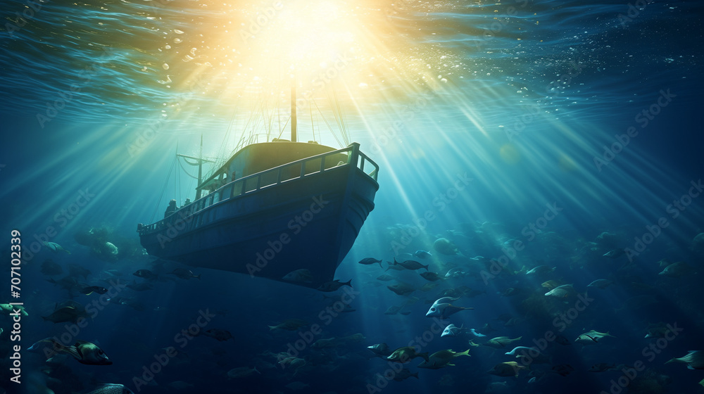 Underwater view of a anchored diving boat against sunlight, boat ship ...