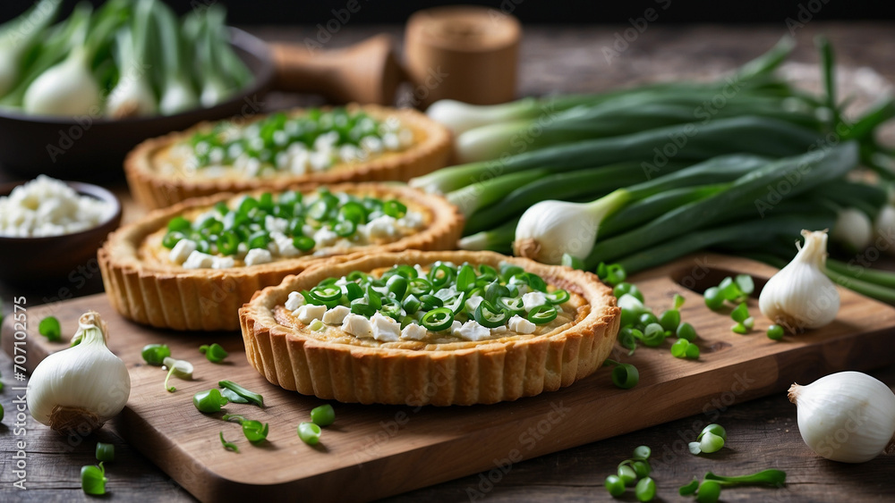 Picture a wooden chopping board piled with spring onions develop a ...
