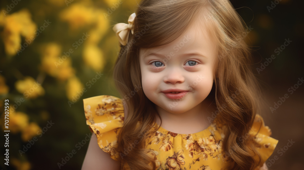 little cute girl with down syndrome in dress in a room, smiling child ...