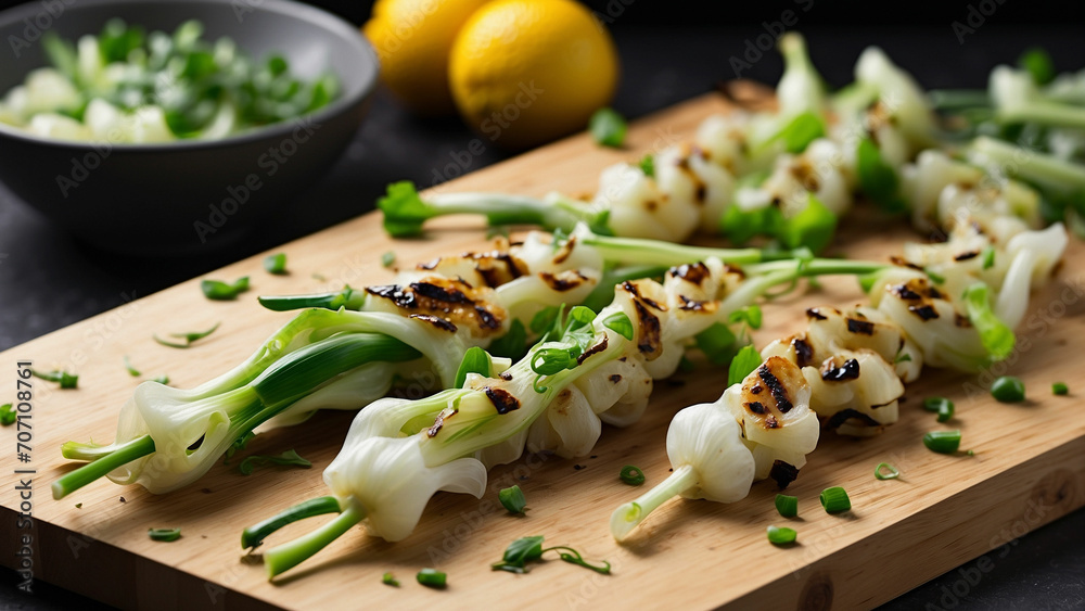 a grilled dish using the spring onions on the chopping board outline a ...
