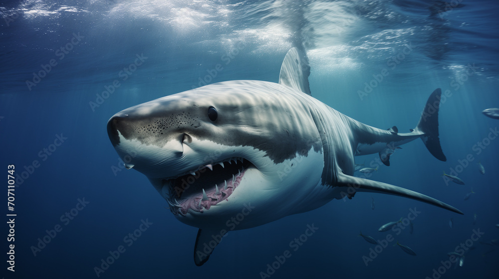 A great white shark swims beneath the surface of the water with its ...