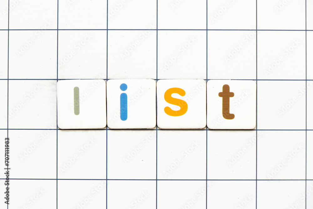 Colorful tile letter in word list on white grid background Stock Photo ...
