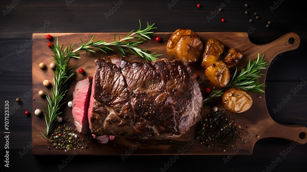 Prime rib beef fillet roast on black wooden board background, on dark ...