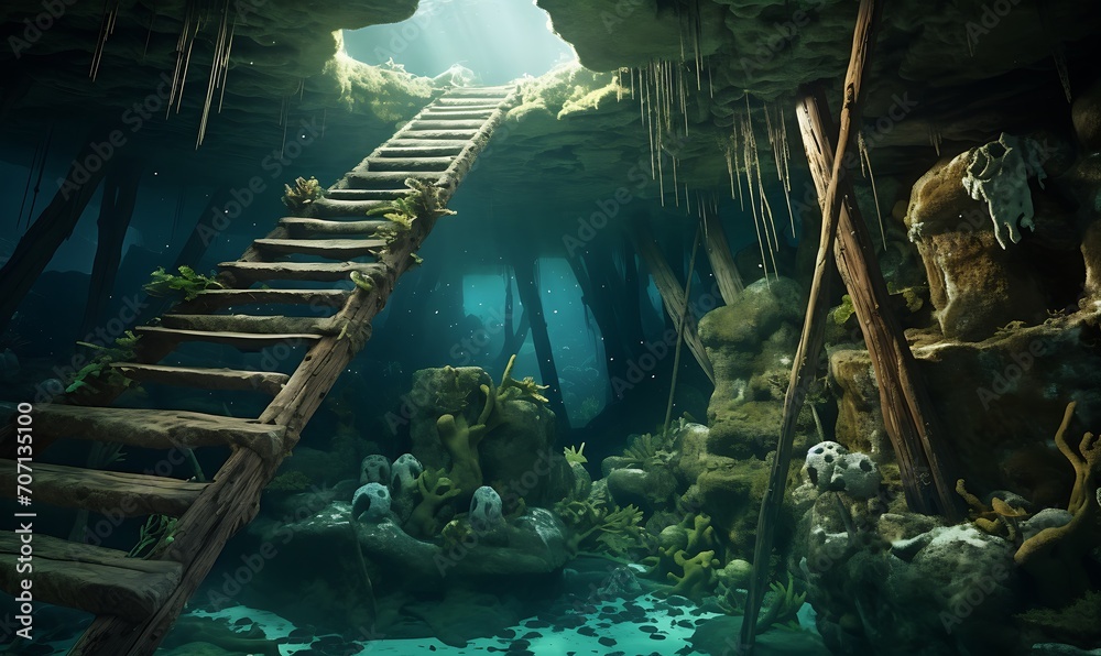 Underwater stairs in tropical sea with style weathered materials, rusty ...