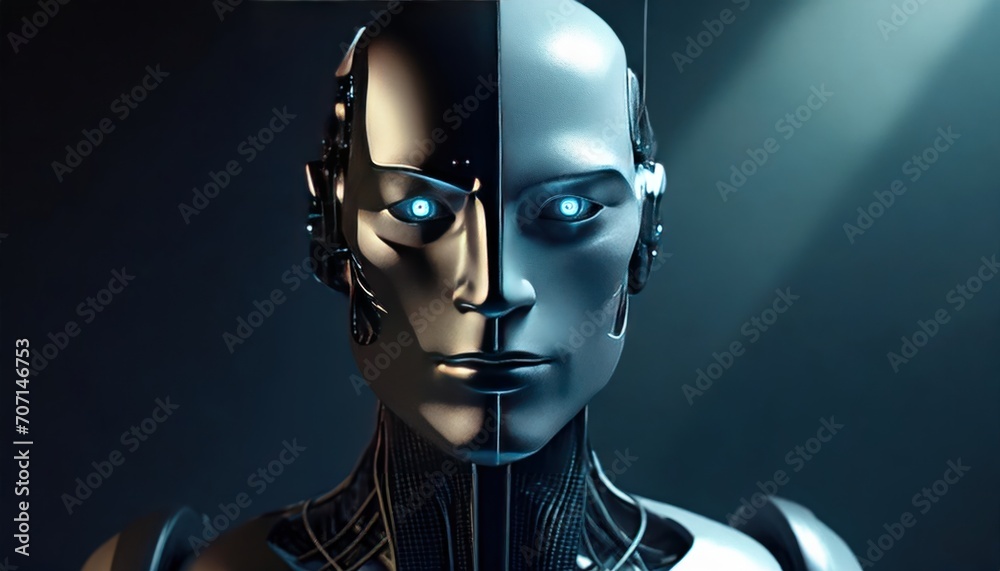 3D image of a full bodied or a man robot, half face of man half face of ...