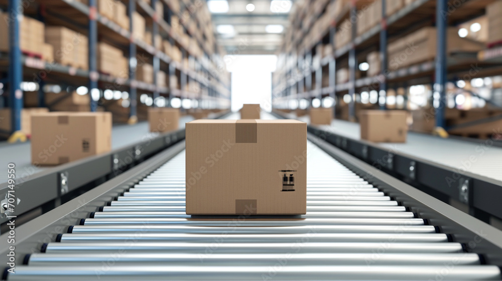 Conveyor belt in a distribution warehouse with row of cardboard box ...
