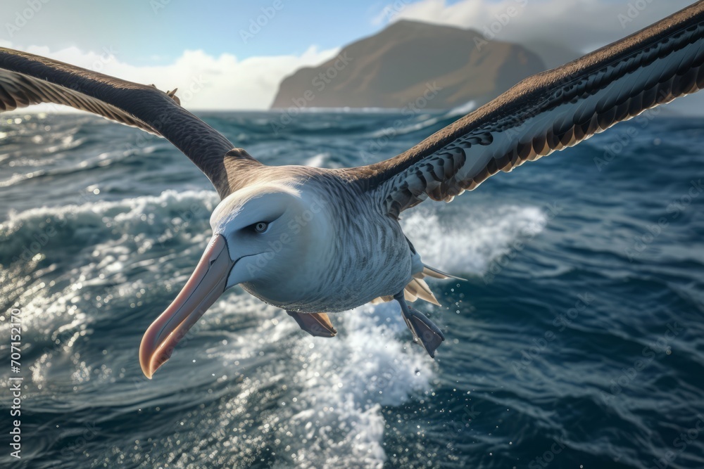 Majestic albatross soaring over choppy ocean waves with mountains in ...