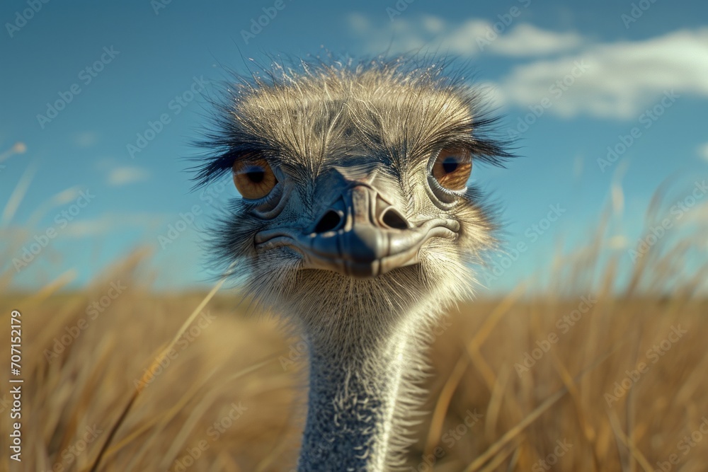 Curious ostrich with piercing eyes, a quirky and striking portrait of ...