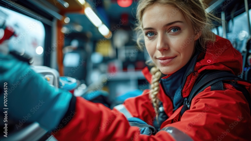 Focused female EMT providing care in an ambulance, illustrating ...
