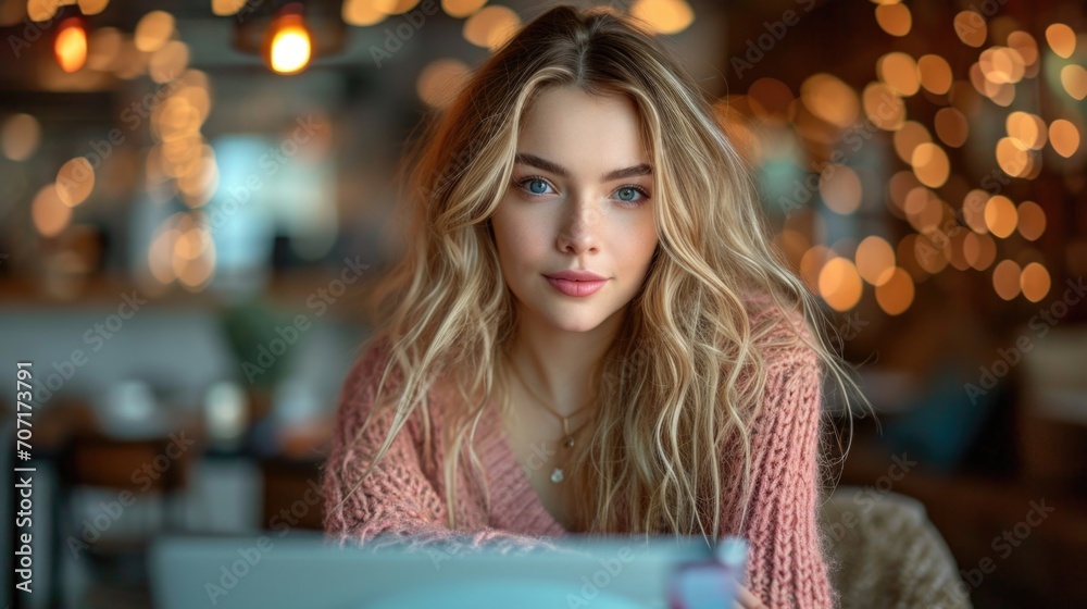 Trendy social media influencer creating content in a café, reflecting ...
