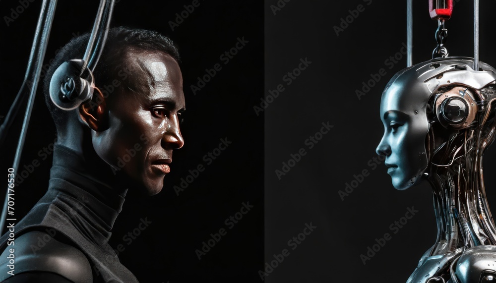 3D image of a full bodied or a man robot, half face of man half face of ...