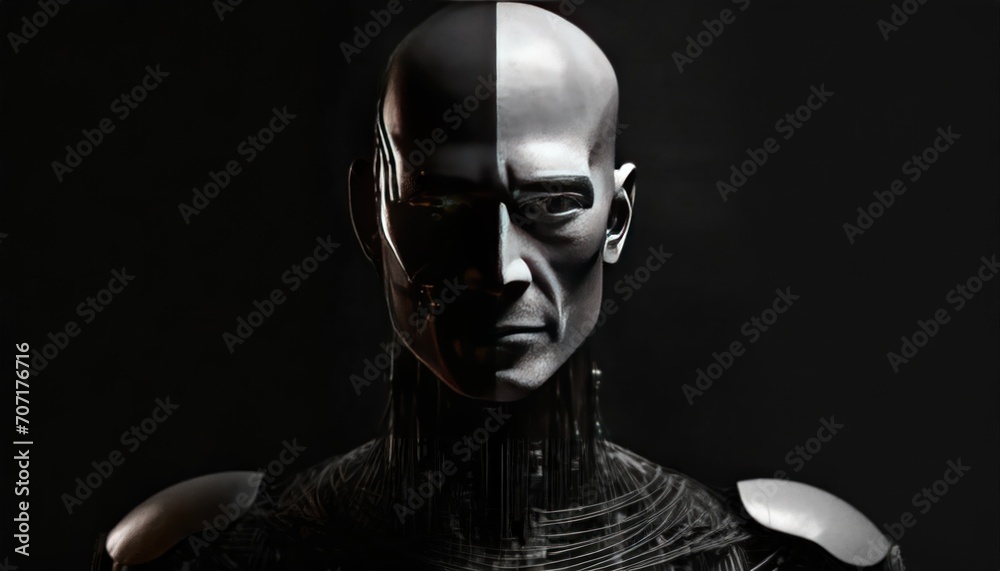 3D image of a full bodied or a man robot, half face of man half face of ...
