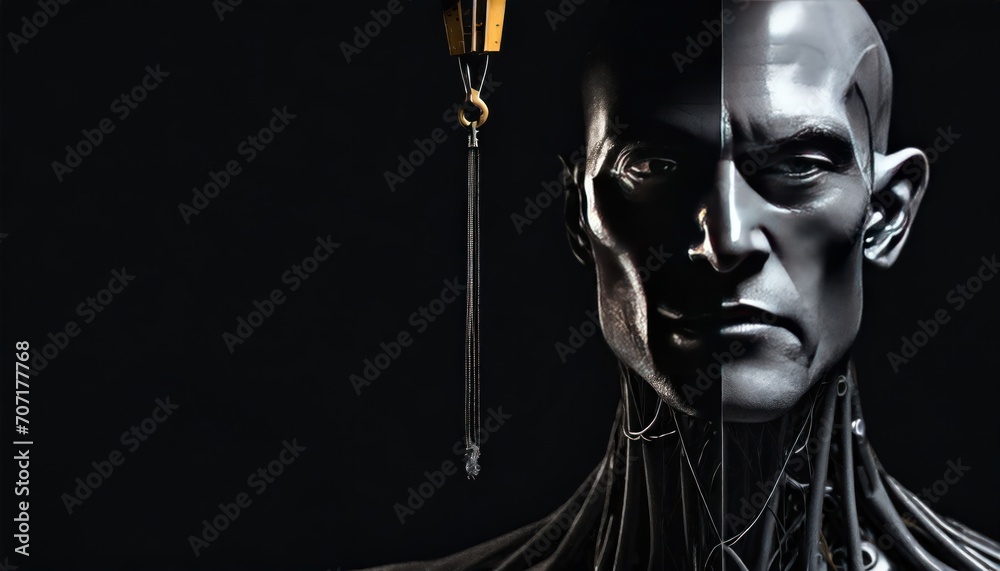 3D image of a full bodied or a man robot, half face of man half face of ...