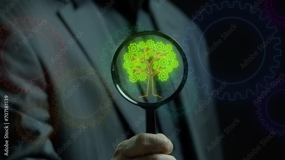 Magnifying glass focus on virtual of gear cog tree icon present ...