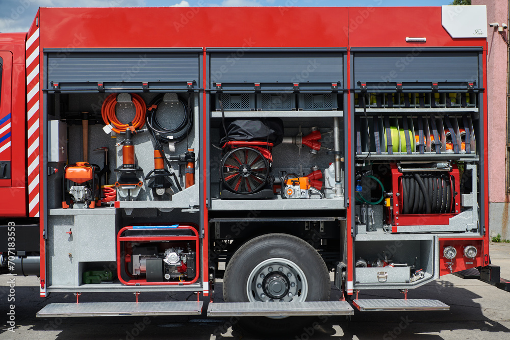 Close-up of essential firefighting equipment on a modern firetruck ...