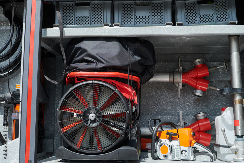Close-up of essential firefighting equipment on a modern firetruck ...
