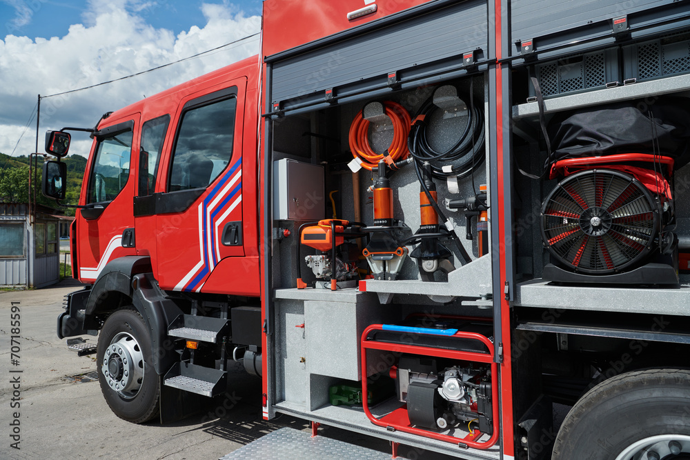 Close-up of essential firefighting equipment on a modern firetruck ...