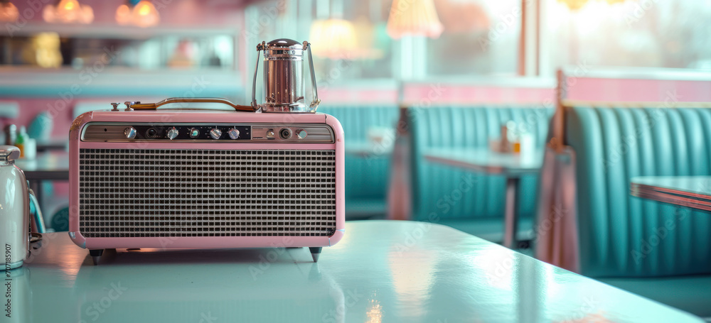 Vintage radio on diner counter with retro turquoise seats. Nostalgia ...