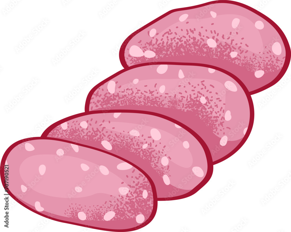 Cartoon style sliced salami pieces. Pink salami with fat spots, food ...