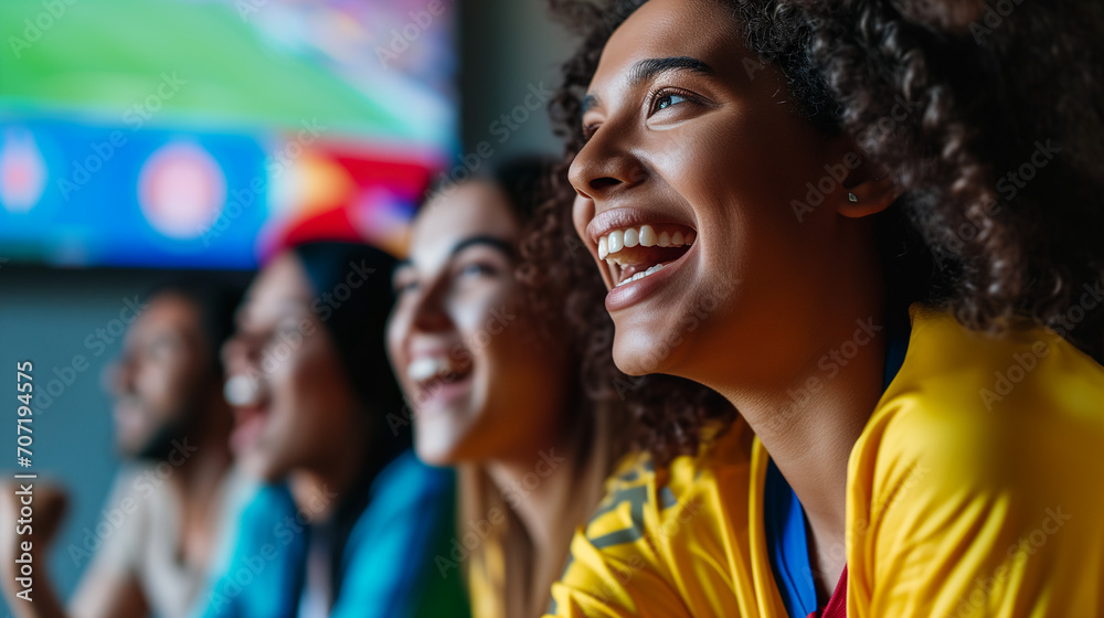 Excited Young Women Watching European Soccer Tournament on TV, Intense ...