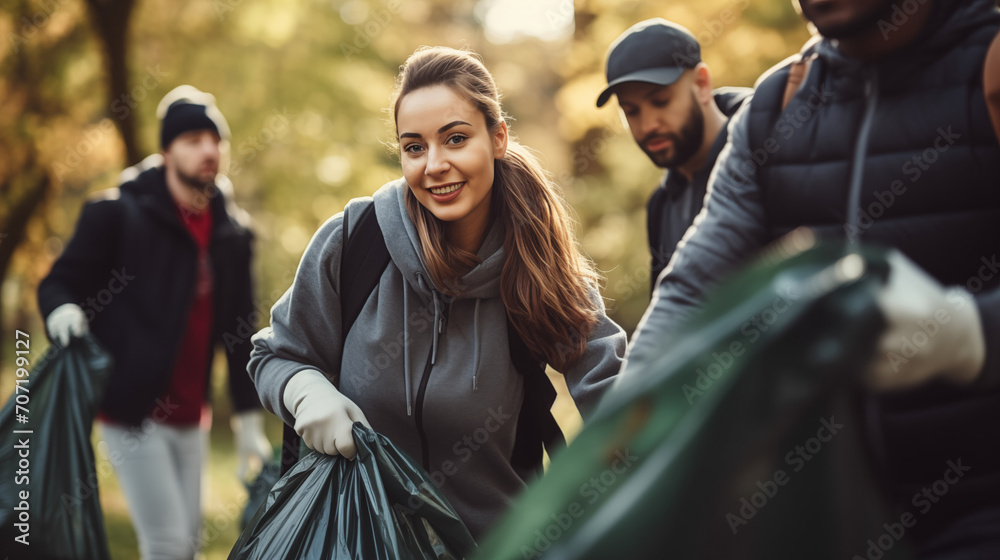 Young woman cleaning-up public park or forest of plastic garbage ...