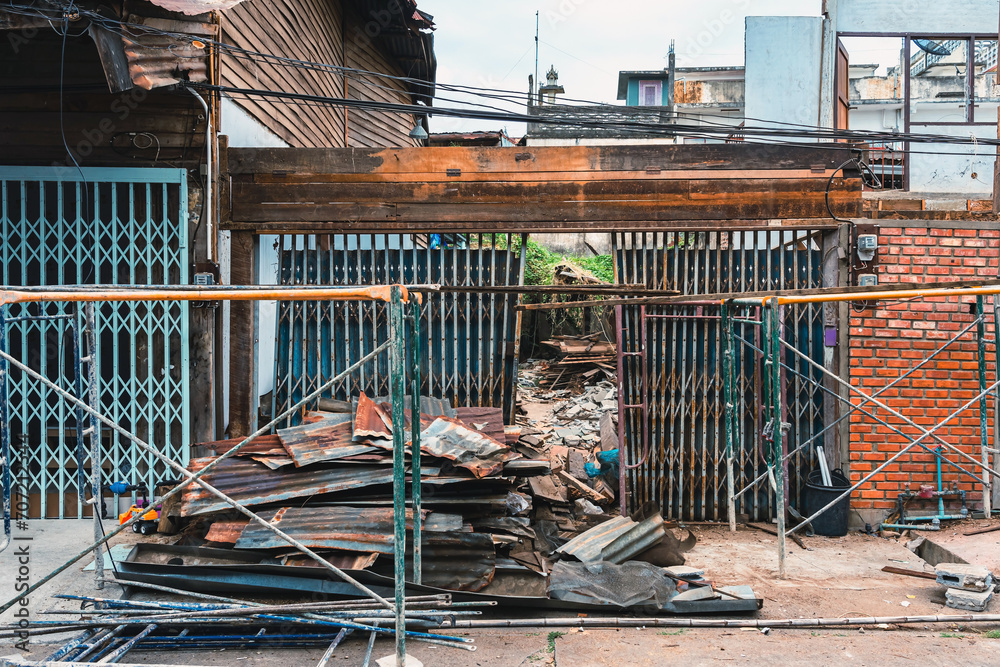 Deconstruction of old wooden house. Demolish old wooden houses in Asian ...