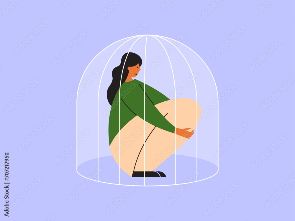 Vecteur Stock Unhappy woman sitting hugging her knees locked in cage ...