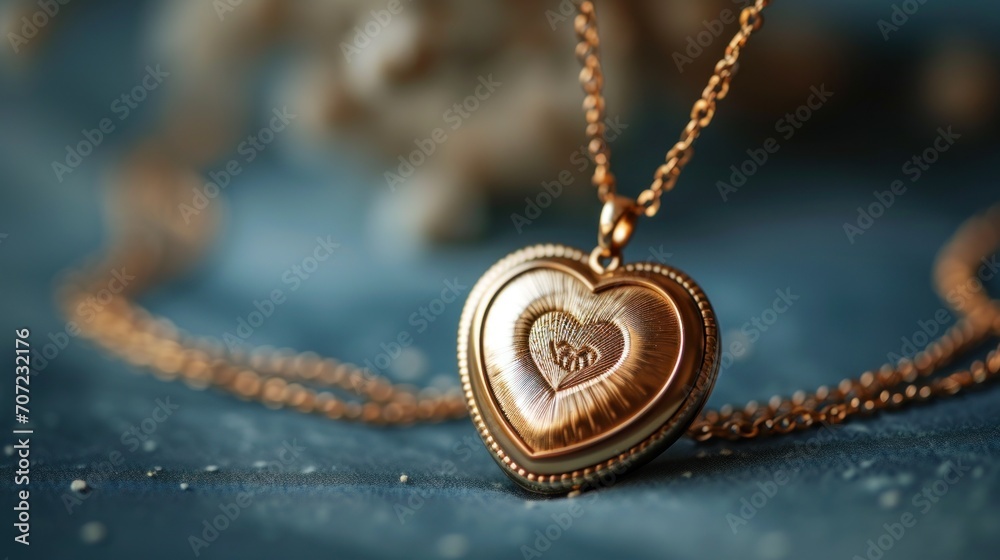 a close up of a heart shaped locke on a gold chain on a blue surface ...