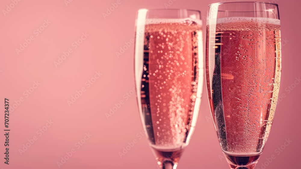 a close up of two champagne flutes filled with liquid on a pink ...