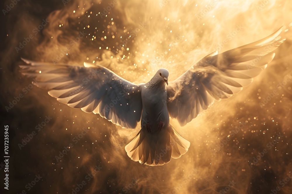White dove as a symbol of peace flying against the backdrop of fire and ...