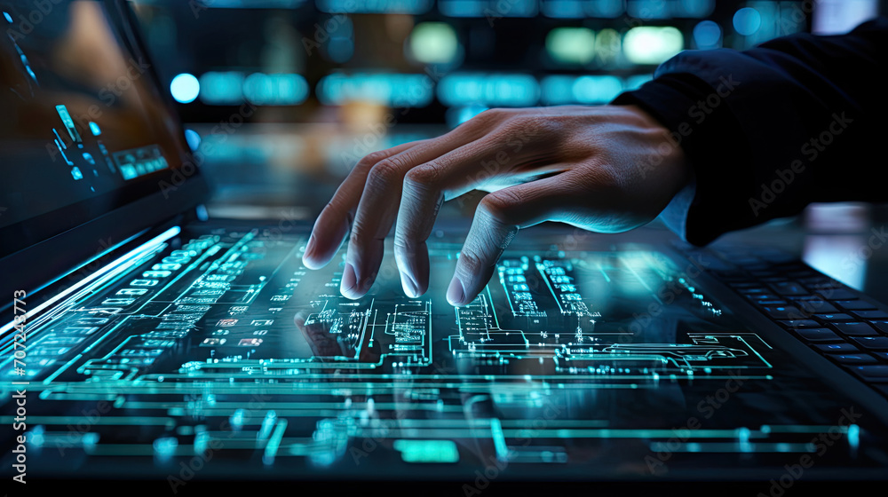 Cybersecurity pro typing on illuminated keyboard advanced tech ...