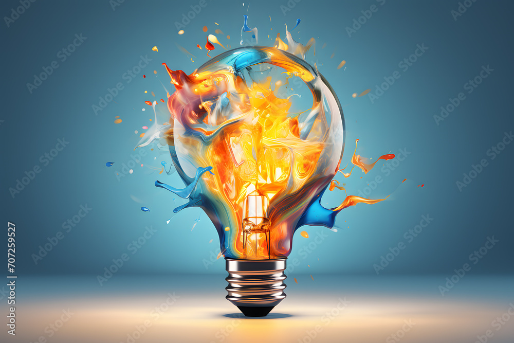 Creative light bulb explodes with colorful paint splashes and shards of ...