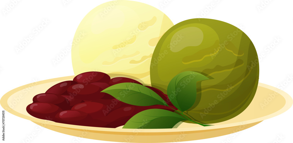 Sundae sorbet icon concept, green mint and vanilla ice cream with red ...